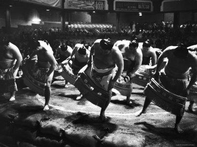 'Sumo Wrestlers Performing a Ritual Dance Before a Demonstration Match ...