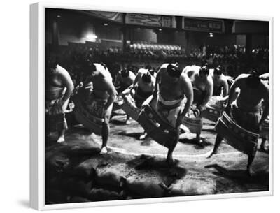 'Sumo Wrestlers Performing a Ritual Dance Before a Demonstration Match ...