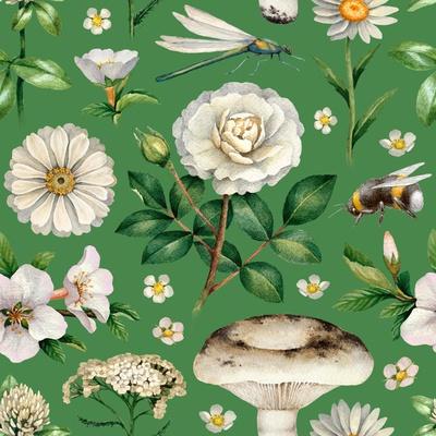 'Summer Pattern with Watercolor Illustrations of Flowers and Insects ...