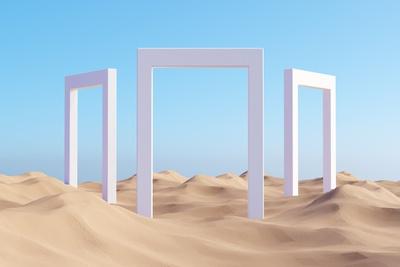 'Surreal Desert Landscape with White Flying Pyramid and White Clouds ...