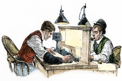'Telegraphers in Railway Offices Early 1900. Colour Engraving of the ...
