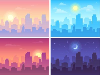 'Daytime Cityscape. Morning, Day and Night City Skyline Landscape, Town ...