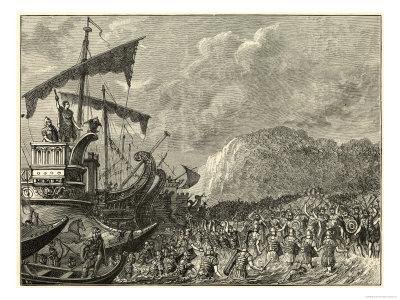 'The Roman Invasion Force Under Julius Caesar Lands in Britain Met by a ...