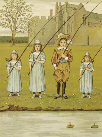 'Three Girls and One Boy Fishing. Colour Illustration From 'At Home ...
