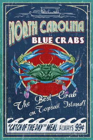 'Topsail Island, North Carolina - Blue Crabs - Vintage Sign' Posters ...