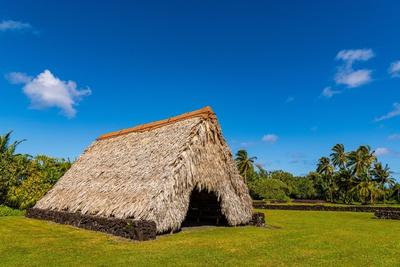 'Traditional Hawaiian Thatched Roof House and Palm Trees at Kahanu ...