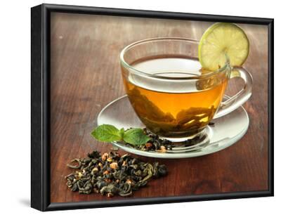 'Transparent Cup of Green Tea with Lime on Wooden Background ...