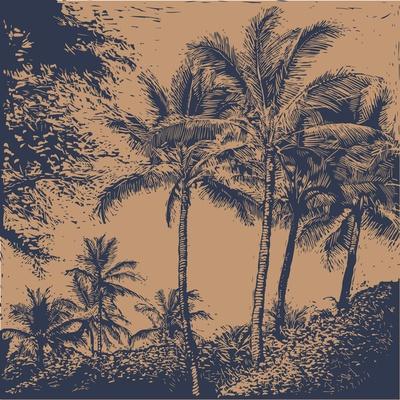 'Tropical Landscape with Palms Trees. Linocut Style. Vector ...
