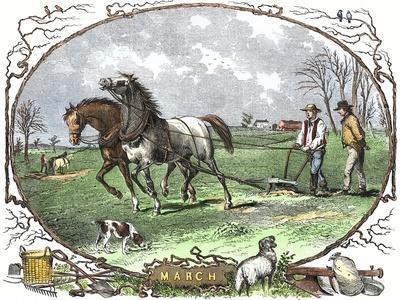 Two Horses Pushing a Plow. Reproduction of a Calendar Illustrating the ...