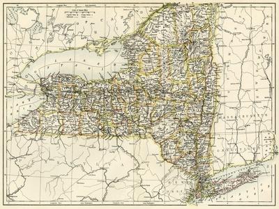 'United States, New York State: Map of New York States in 1870. Colour ...