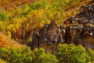 'USA, Utah, Highway 89 and canyon walls of Logan pass with fall colors ...