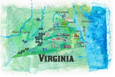 'USA Virginia State Travel Poster Map With Highlights And FavoritesL ...