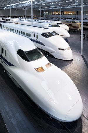 'View of main hall with four shinkansen trains, 700, 200, 100 and 0 ...