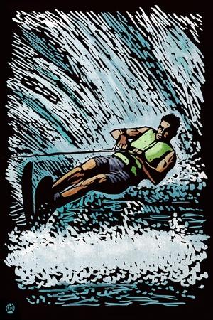 'Waterskier - Scratchboard' Art - Lantern Press | AllPosters.com