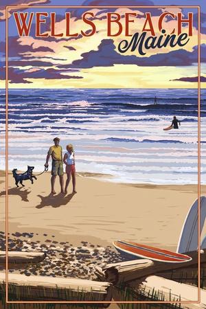 'Wells Beach, Maine - Beach Scene & Surfers Walk at Sunset' Prints ...