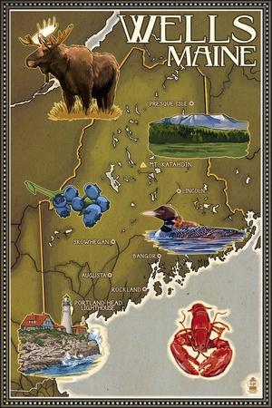 'Wells, Maine - Map and Icons' Prints - Lantern Press | AllPosters.com