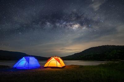 Panorama of the Night Sky with Camping Tents and Lakes, Surrounded by ...