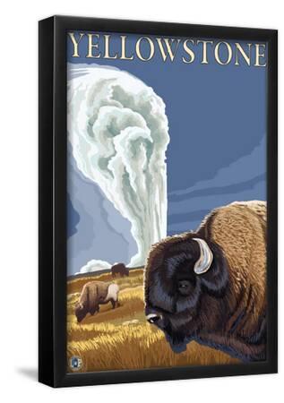 'Yellowstone - Bison With Old Faithful' Prints | AllPosters.com