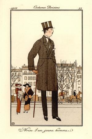 'Young man in fashionable outfit with top hat and cane, 1912. Mise dun ...