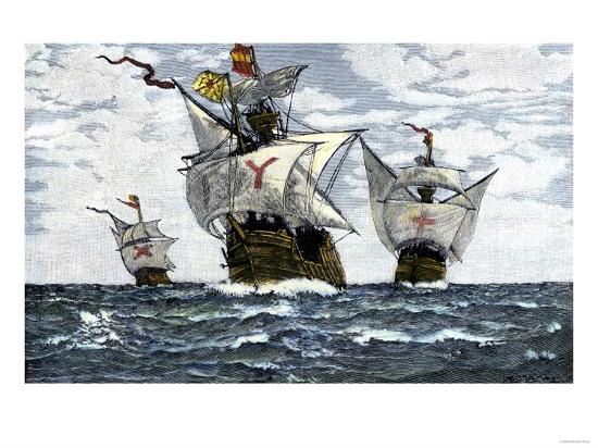 'Three Ships of Columbus Approaching the New World, c.1492' Giclee ...