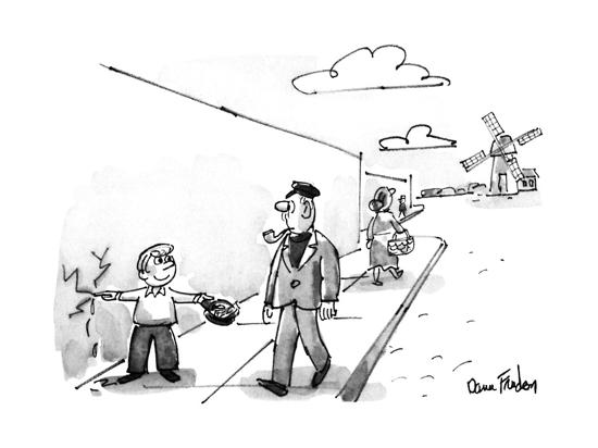 'The little Dutch boy with his finger in the dike; he holds out his cap ...