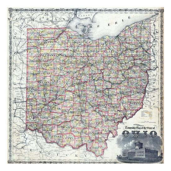 '1875, Ohio Railroad and Township Map, Ohio, United States' Giclee ...