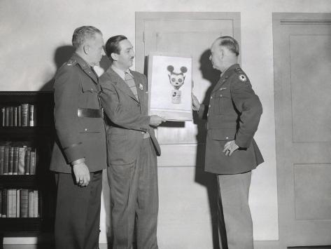 'Walt Disney Showing a Sketch of Mickey Mouse Gas Mask to Chemical ...