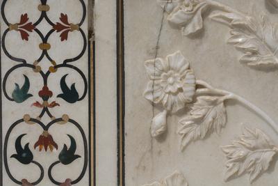 India, Agra, Taj Mahal. Detail of Marble Inlay with Carved Flowers ...
