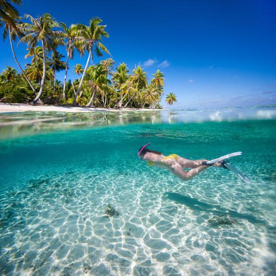 Woman Swimming Underwater In Clear Tropical Waters In Front Of Exotic