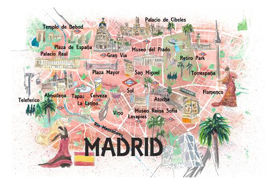 'Madrid Spain Illustrated Travel Map with Roads Landmarks and Tourist ...