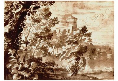Nicolas Poussin (Landscape with trees and tower) Art Poster Print Photo ...