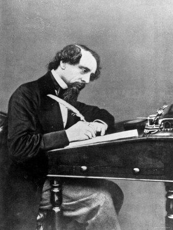 'Prolific English Novelist Charles Dickens Seated Writing with a Quill ...