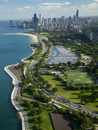 Aerial View of a City, Lake Shore Drive, Lake Michigan, Chicago, Cook ...