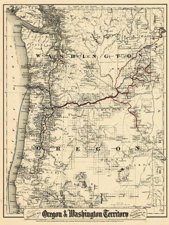 1880, Oregon and Washington State Map, Oregon, United States Giclee ...