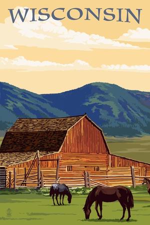 'Wisconsin - Red Barn and Horses' Prints - Lantern Press | AllPosters.com