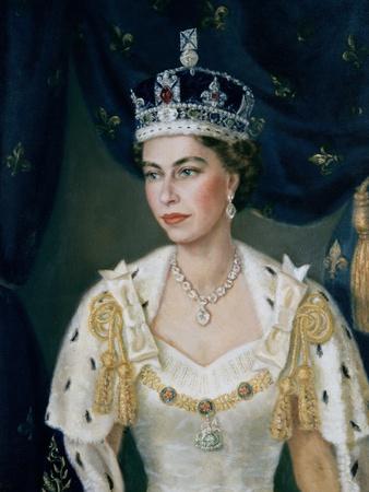 Portrait of Queen Elizabeth II wearing coronation robes and the ...
